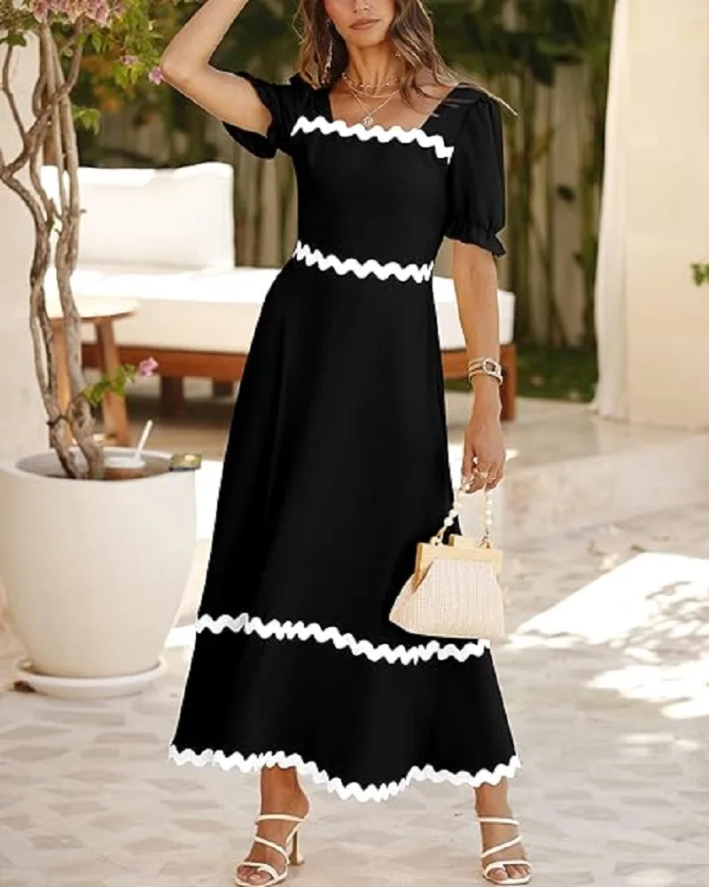 Women-s-Summer-Long-Dress-Ric-Rac-Trim-Square-Neck-Short-Puff-Sleeve ...