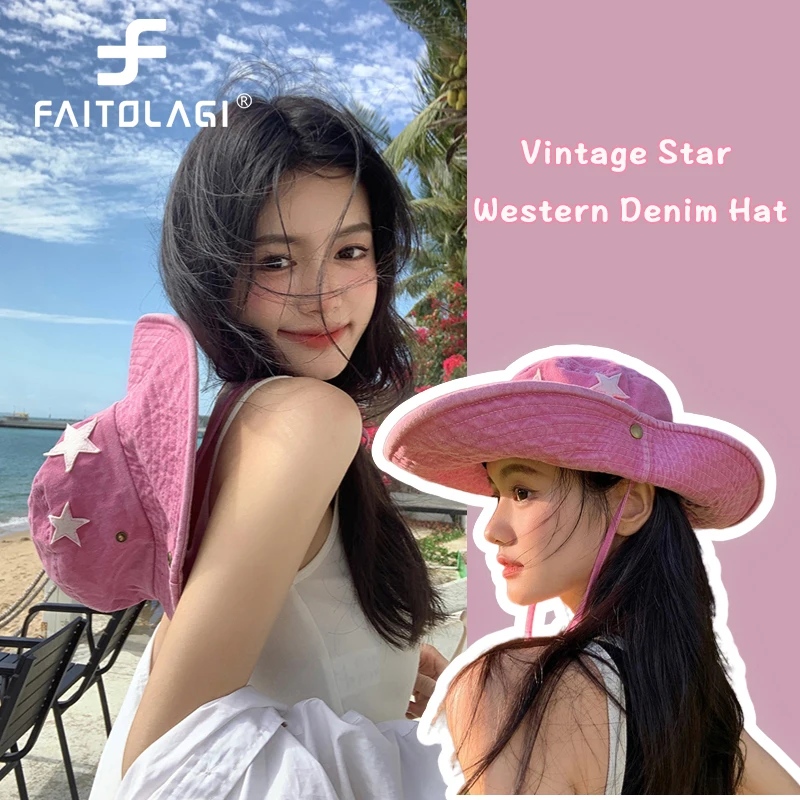 Punk Star Cowboy Hat For Women Fashion Wide Brim Sun Visors Retro Hip ...