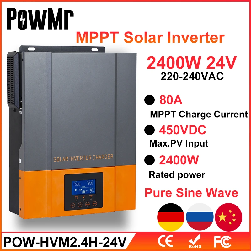 Powmr 3kva/2400w Hybrid Solar Inversor 24v Battery Charger Built-in Mppt 80a Solar Charger ...