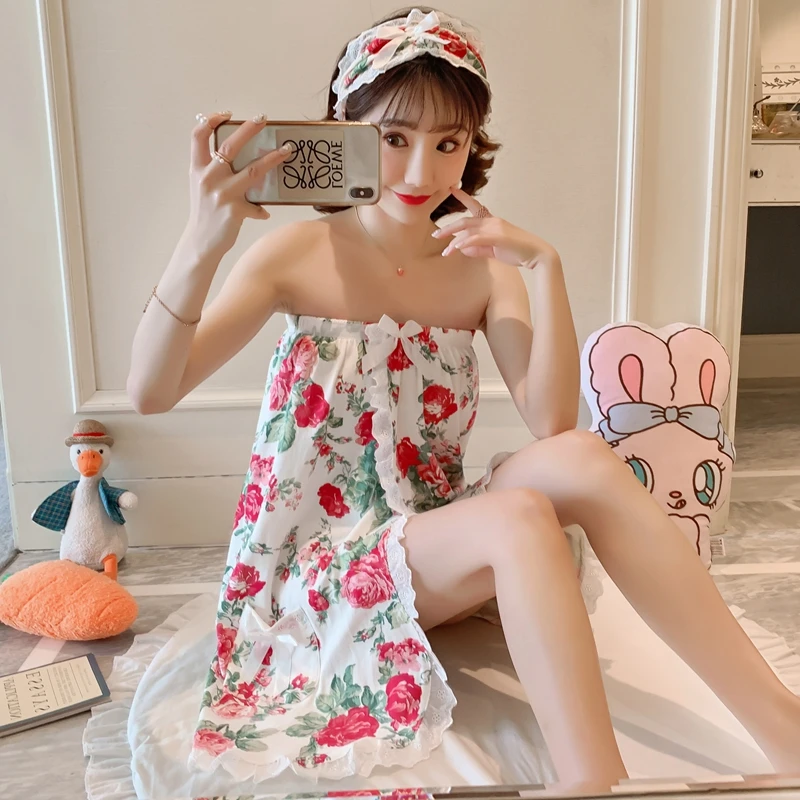 2023 Summer Sexy Lace Wrap Chest Bath Towel Robes For Women Cotton Print Cute Sleepwear Tube Top ...