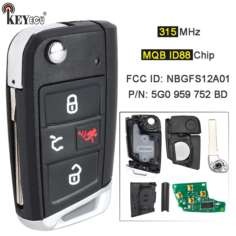 KEYECU-mando a distancia MQB AES ID88, 315MHz, NBGFS12A01, 5G0, 959 ...