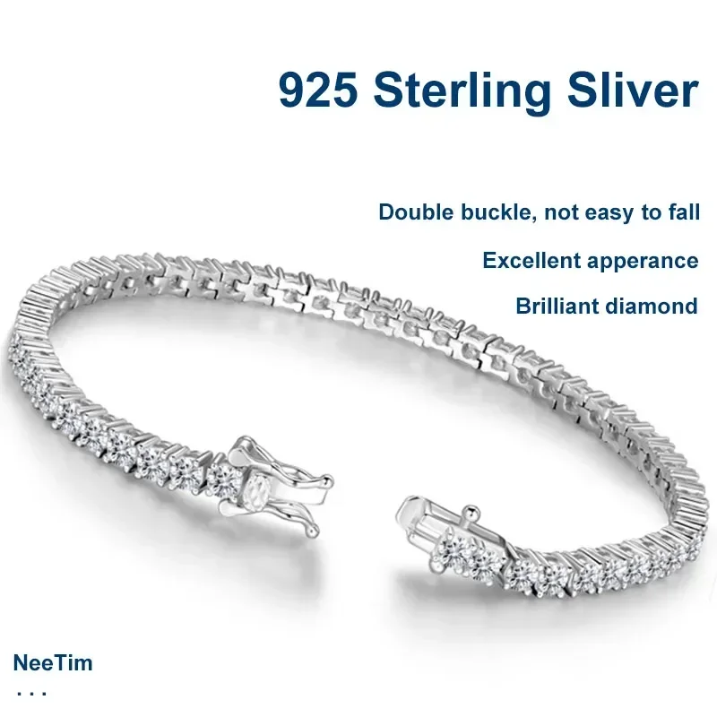 NeeTim 3mm 4mm Moissanite Tennis Bracelets 925 Sterling Silver Full Diamond with Gold Plated GRA ...