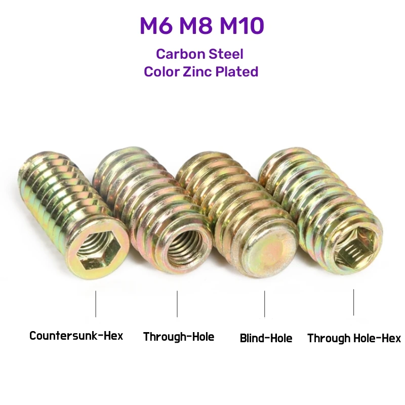 2-10pcs-M6-M8-M10-Hex-Head-Inside-Outside-Thread-Wood-Insert-Nut-Carbon ...