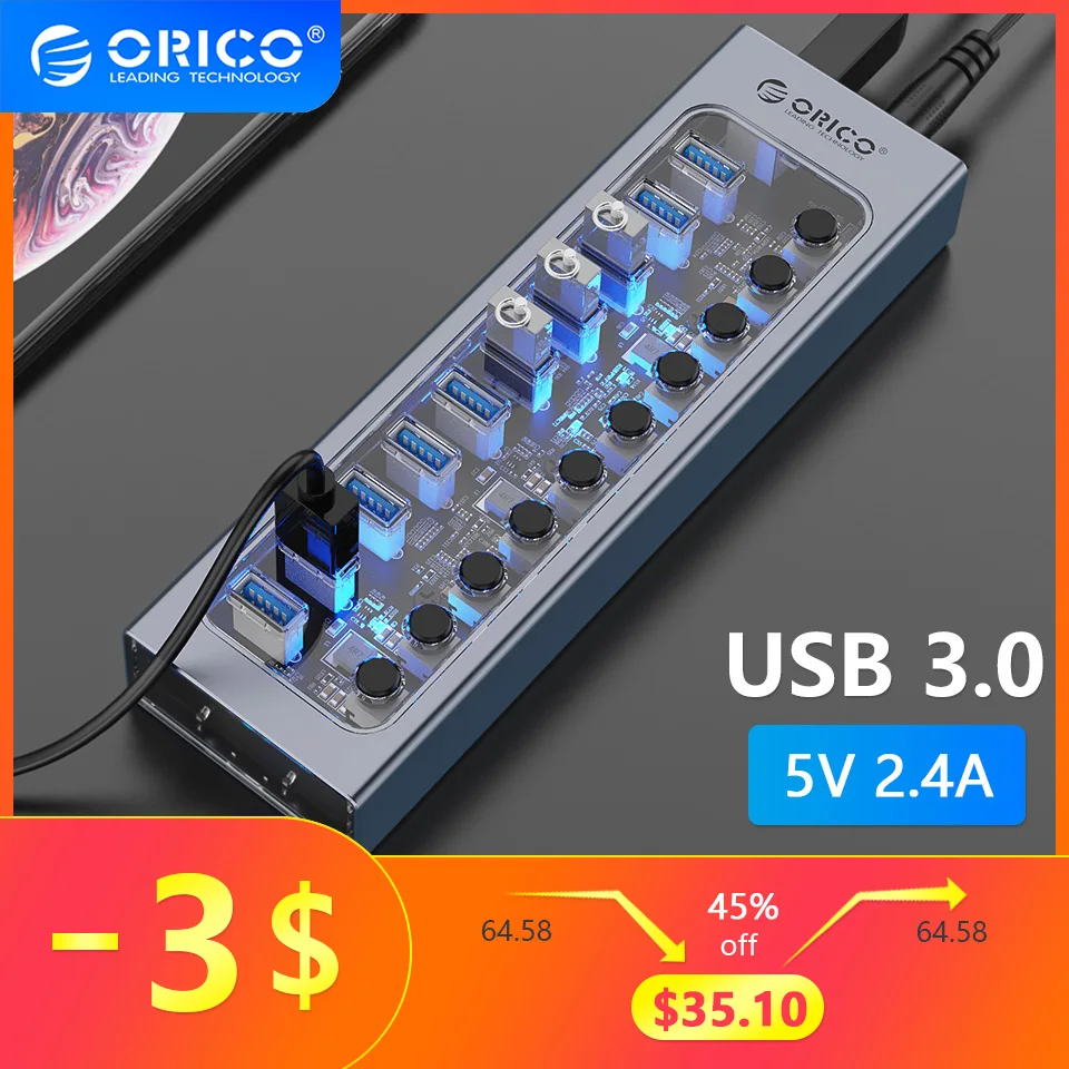 Orico Industrial 7/10 Port Usb 3.0 Hub Multiple Expander Socket Splitter On/off Key Switch Dock ...