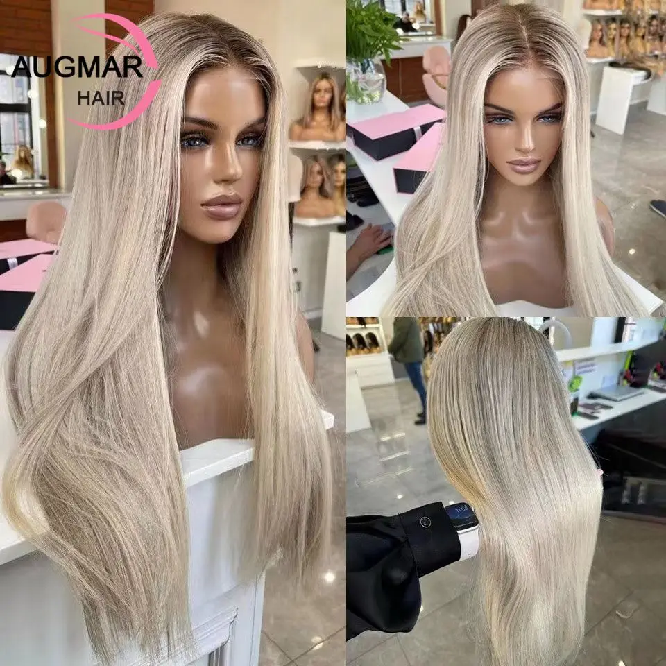 Straight 13x4 Silk Base Lace Front Wigs Ash Blonde Highlight Wig Human ...