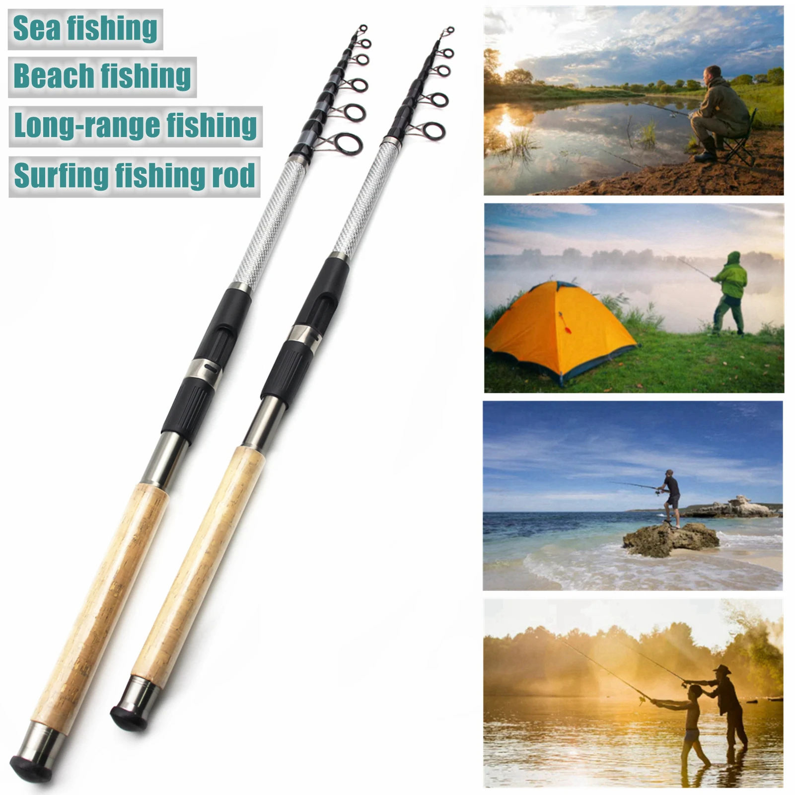 New 2.4m 2.7m 3.0m 3.6m Telescopic Fishing Rod Wooden Handle Spinning ...