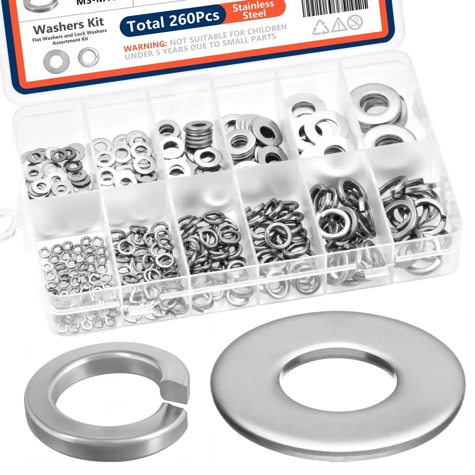 260pcs-Lock-and-Flat-Washer-Assortment-Kit-Stainless-Steel-M3-M4-M5-M6 ...
