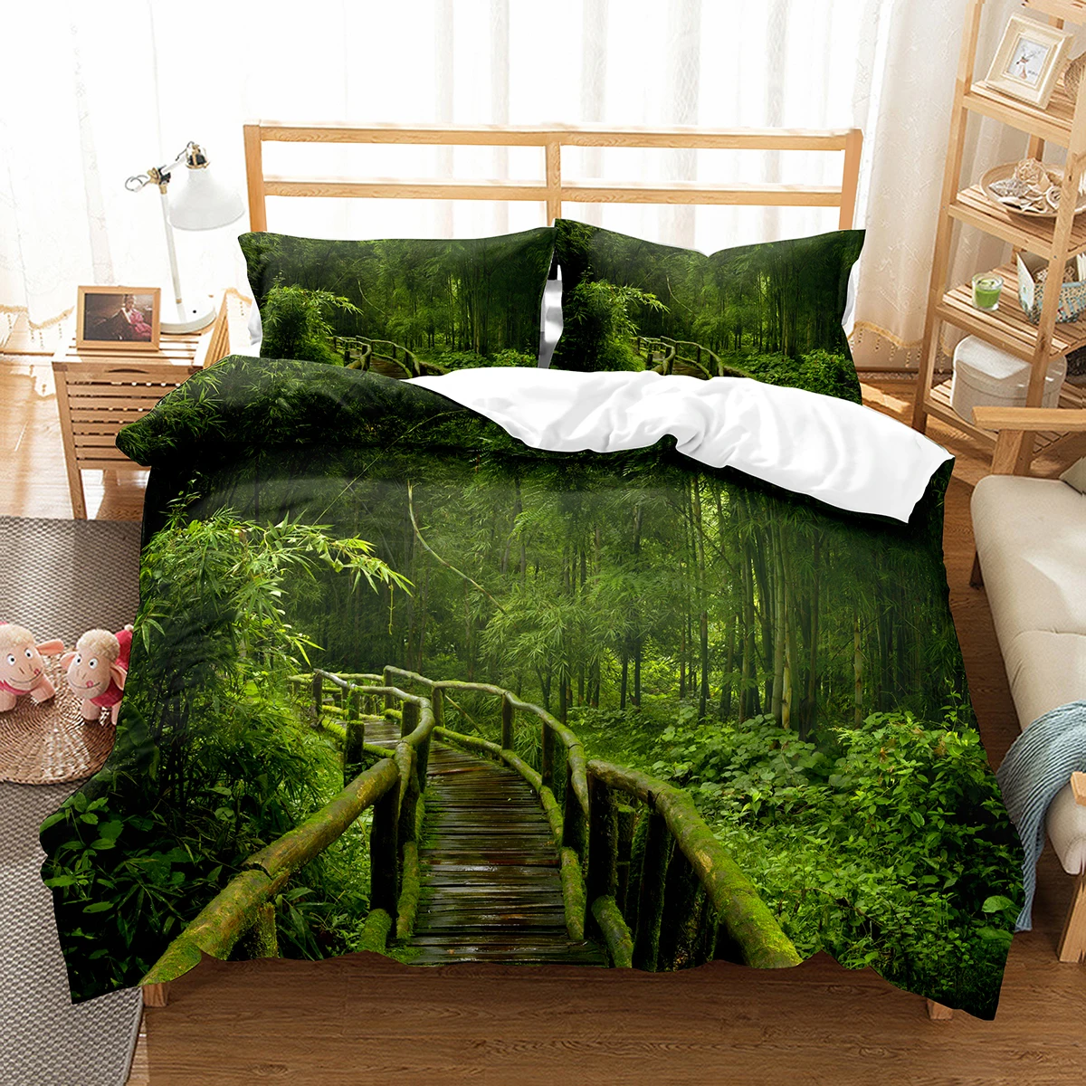 Green Jungle Theme King Queen Full Duvet Cover Forest Trees Bedding Set ...
