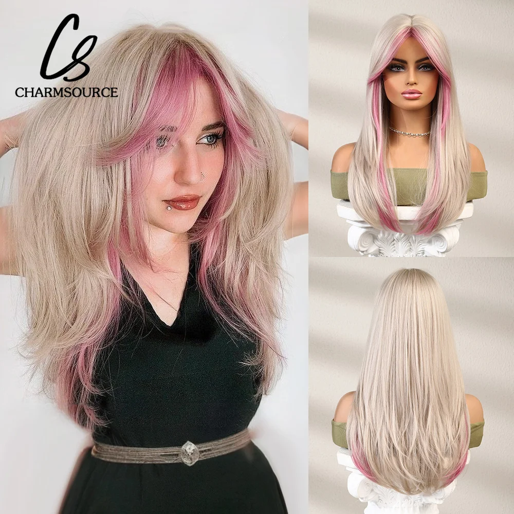 ChramSource-Mixed-Light-Blonde-and-Pink-Wig-Long-Wavy-Wigs-with-Bangs ...