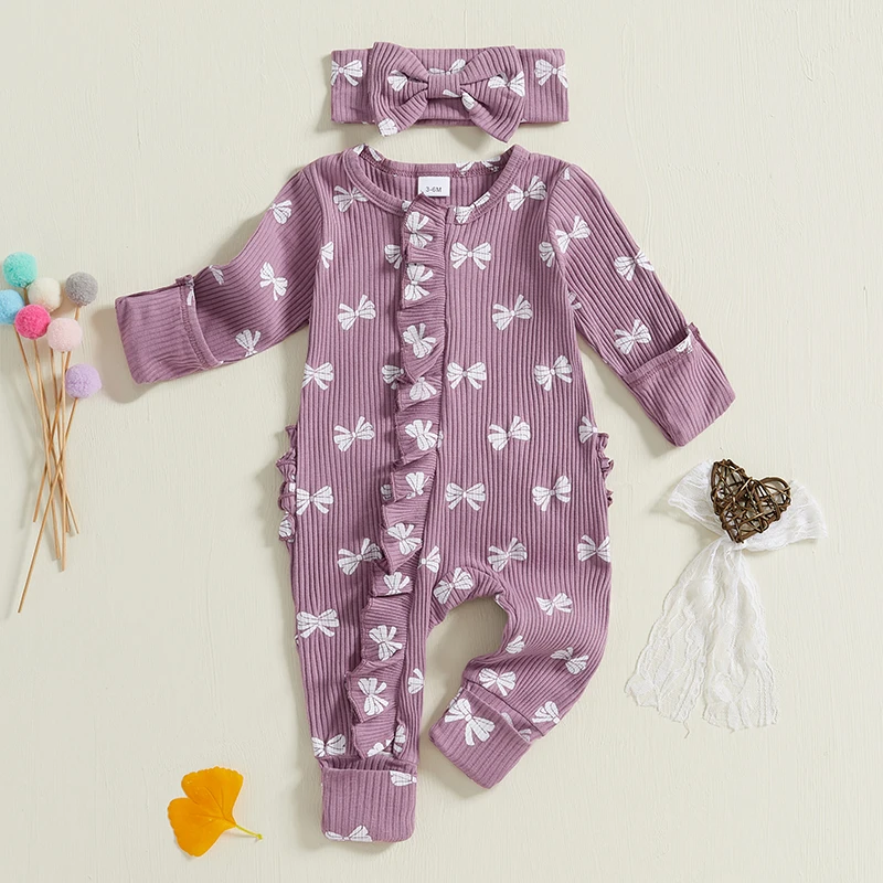 Newborn Baby Girl Outfits Bow Print Ruffle Long Sleeve O Neck Ribbed ...