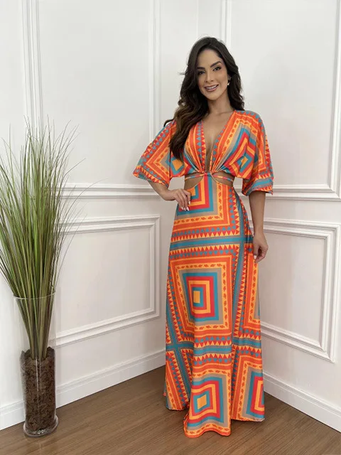 Spring Summer Elegant Print Maxi Dresses For Women Sexy Waist-revealing ...