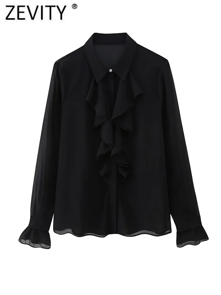 Zevity-Women-Fashion-Pleat-Ruffles-Transparent-Black-Chiffon-Shirt ...