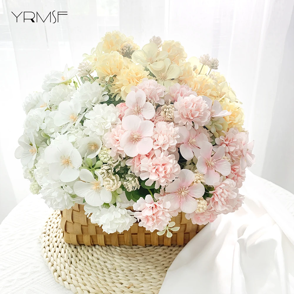 YRMSF Artificial Flowers Pink Hydrangea Artificial Flower Silk Bouquet for DIY Party Wedding ...