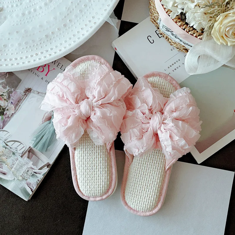 New Sweet Big Bow Breathable Linen Slippers for Spring and Summer New ...