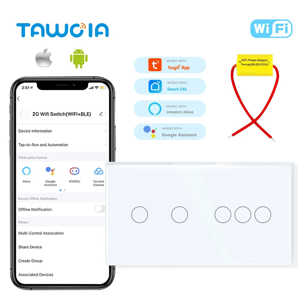 TAWOIA-WIFI-Wall-Switches-Google-Alexa-Touch-Switches-5Gang-1way-Single ...