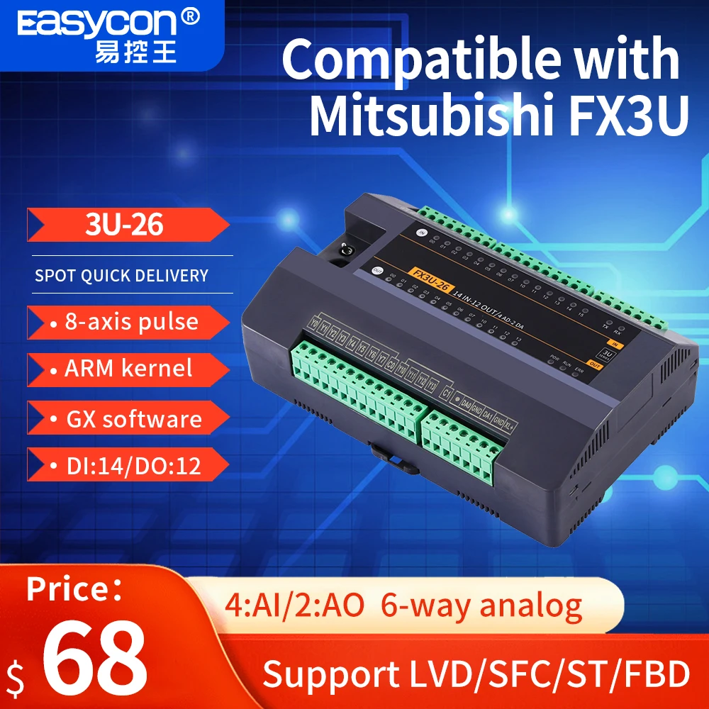Easycon FX3U 26MR/MT Switching PLC Programmable Logic Controller FX3U Electrical RS422/RS485 ...