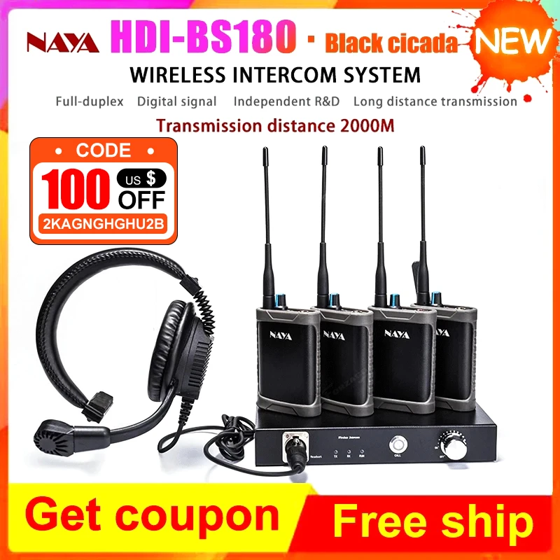 NAYA HDI-BS180 Wireless Intercom System Transmission Distance 2000m Full Duplex Digital Signal ...