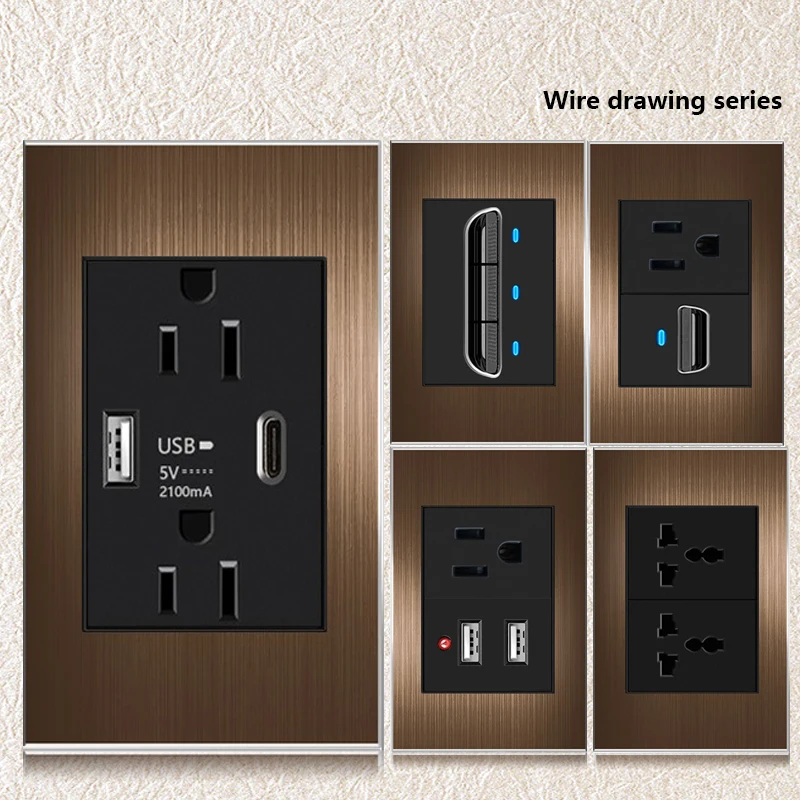 Brown-US-Standard-Dual-Usb-Wall-Plug-5V-2-1A-15A-Dual-US-Socket-Metal ...