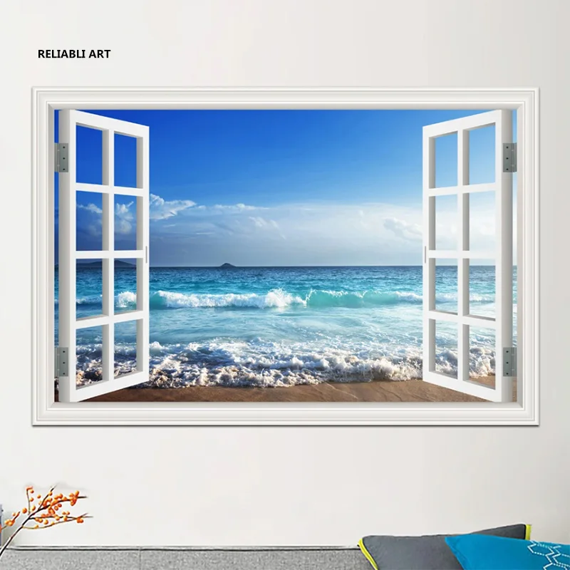 Blue-Beach-Sky-Window-View-Poster-Wall-Sea-Landscape-Living-Room-Decor ...