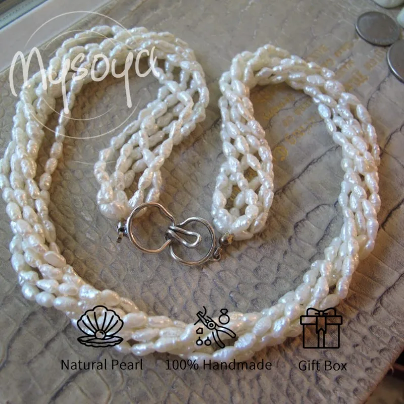 MYSOYA Six-layer White Baroque Rice Freshwater Pearl Necklace 3-4mm ...