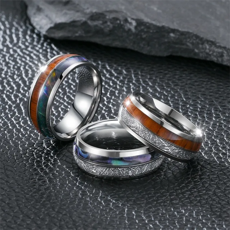 LETAPI New Fashion 8mm Men's Silver Color Stainless Steel Rings Wood ...