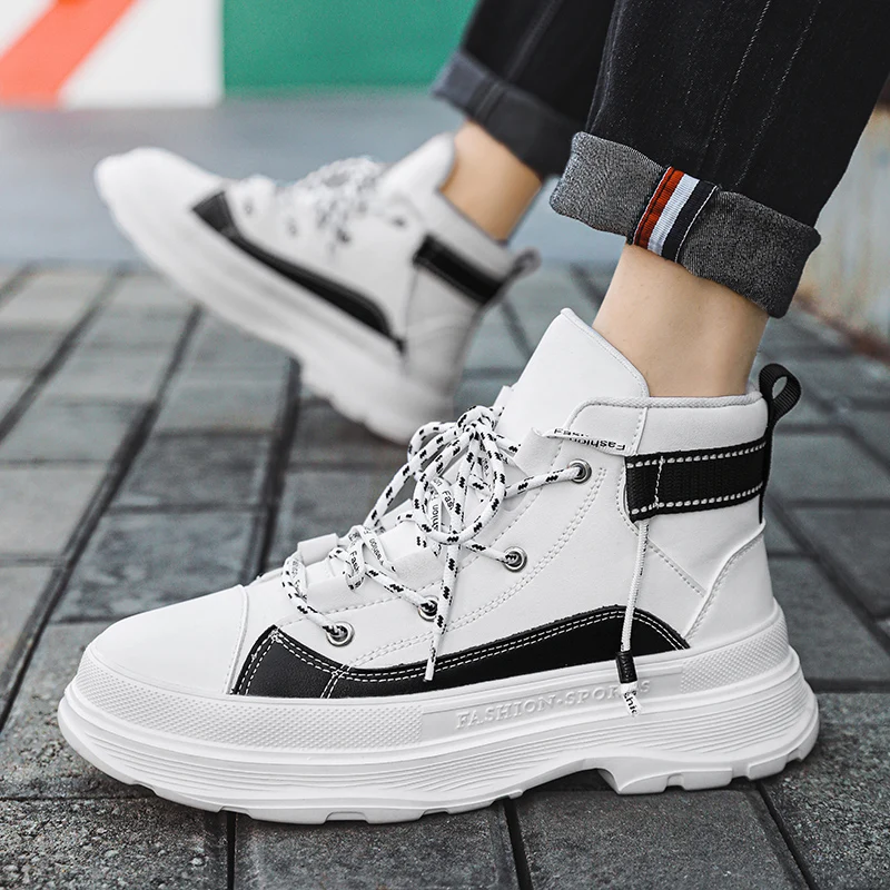 Autumn Men Casual Sneakers Leather Platform Ankle Boots High top ...