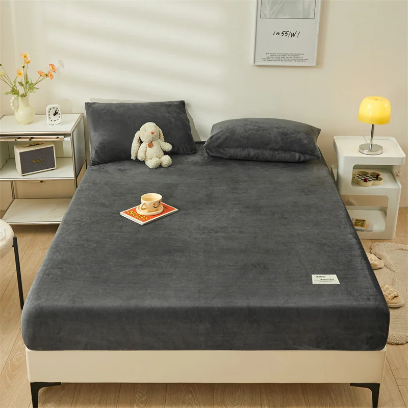 Dark-Grey-Fitted-Sheet-Soft-Warm-Plush-Elastic-Solid-Color-Mattress ...