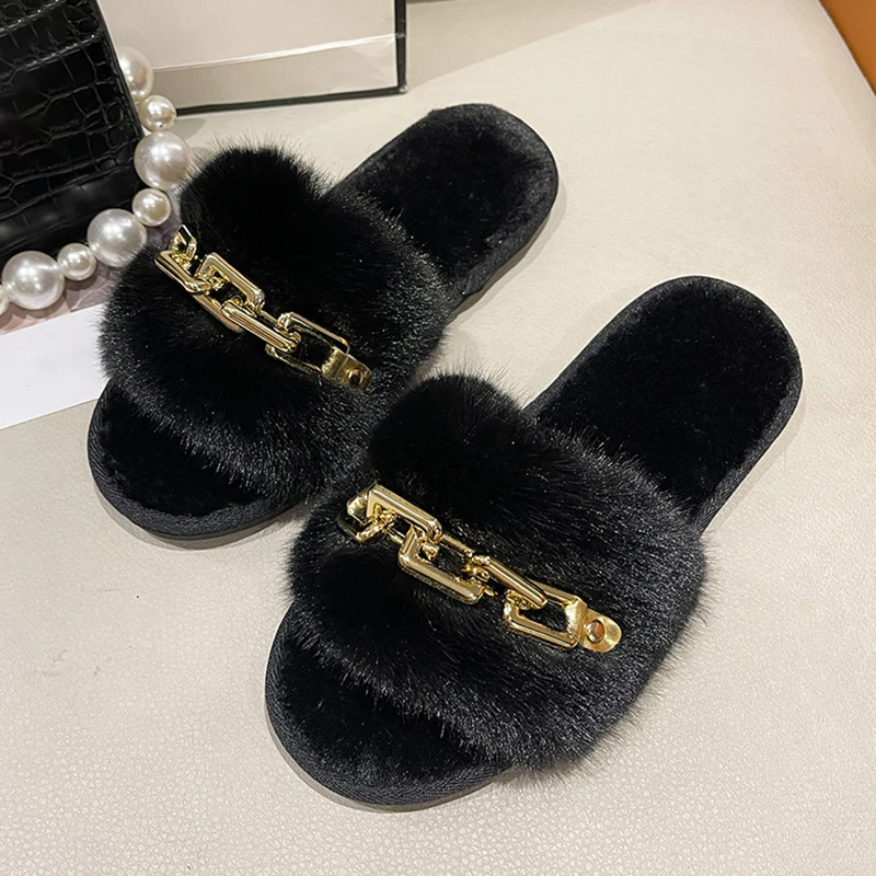 Fluffy Women's Slippers Home Winter Chain Luxury Designer Woman Shoes ...