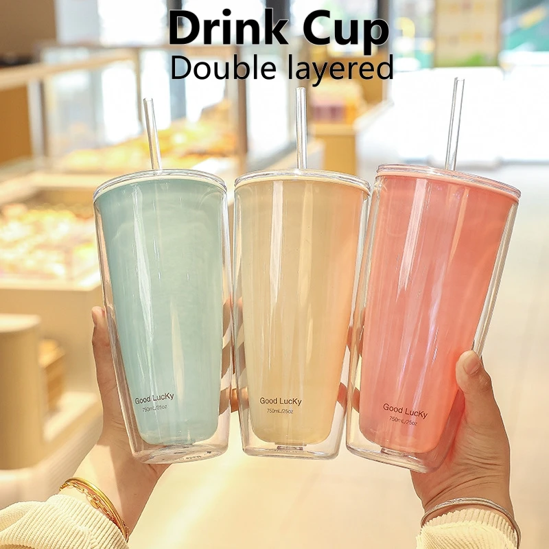 750ml Plastic Straw Cups Double-Layer with Straw Large Capacity ...