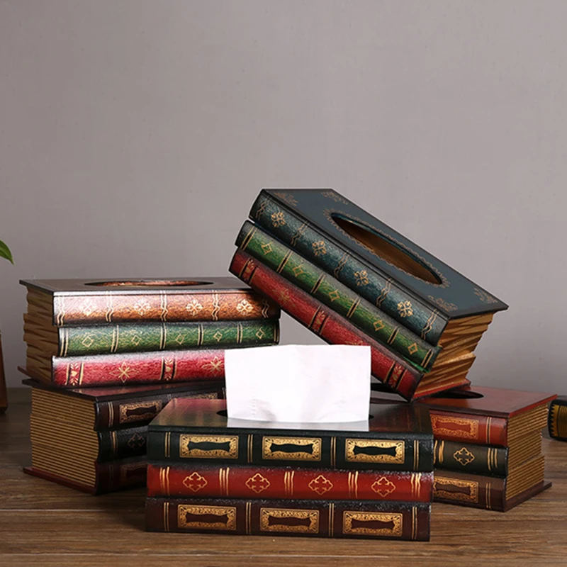 Retro-European-Simulation-Book-Tissue-Box-Wooden-Creative-Paper-Storage ...