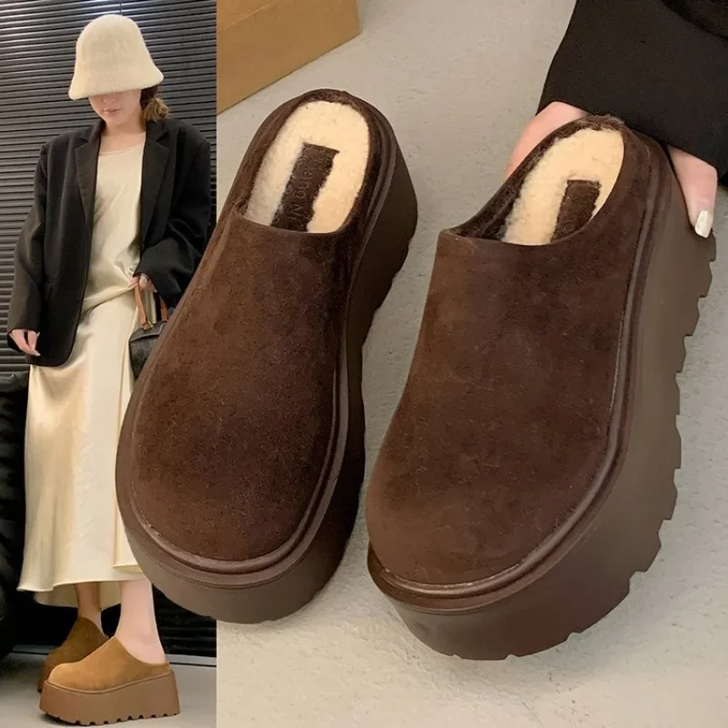 Winter Retro Round Toe Slippers Women's Thick Sole Slippers Fashion ...