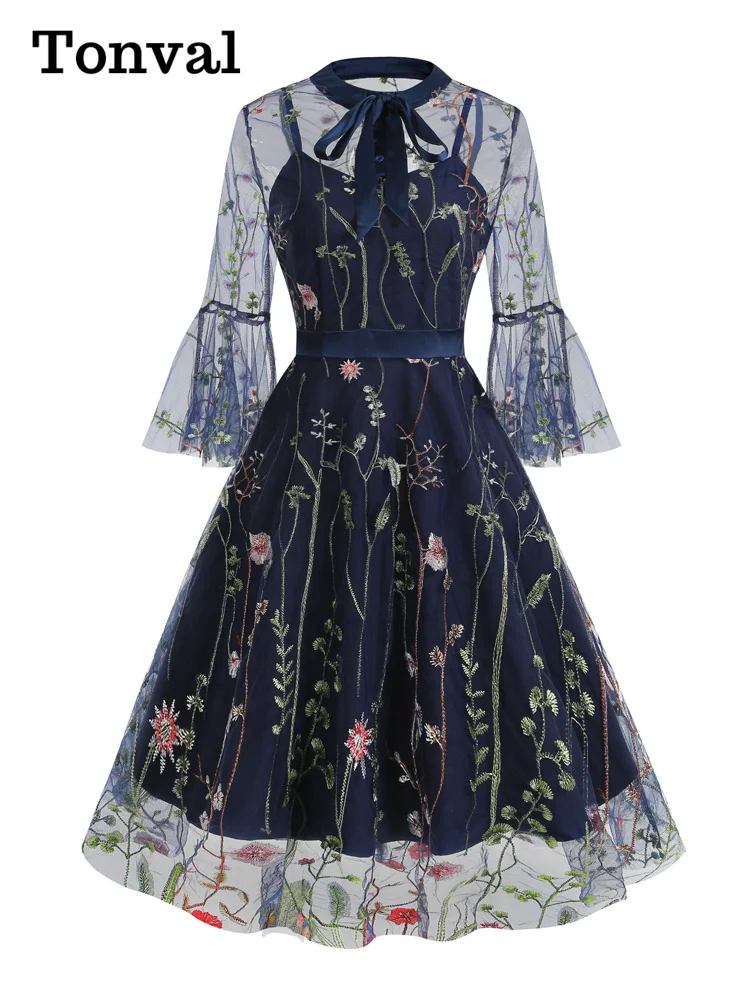 Tonval-Bow-Neck-Embroidered-Mesh-Overlay-Elegant-Long-Dresses-for-Women ...