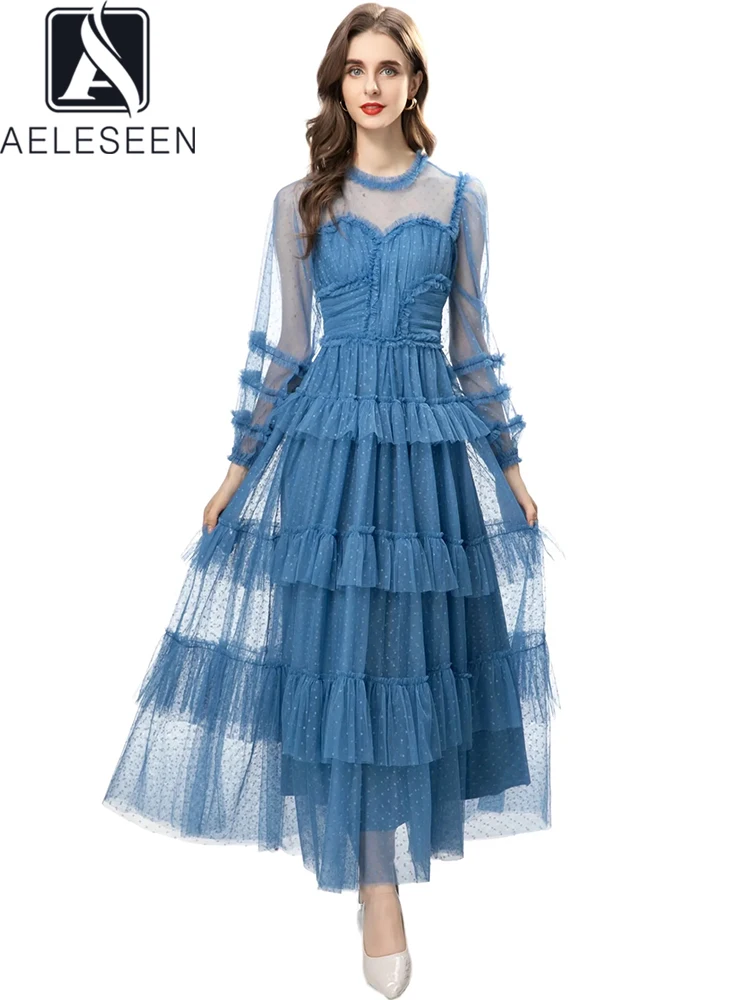 AELESEEN-Blue-Elegant-Mesh-Dress-For-Women-Spring-Summer-Long-Sleeve ...