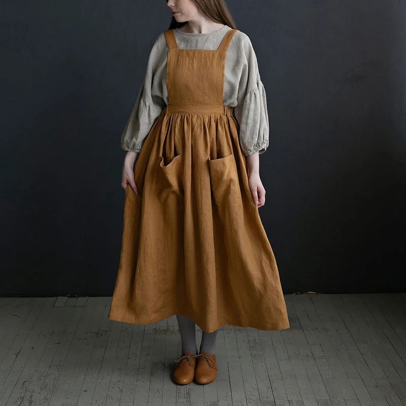 Cotton-Linen-Chic-And-Elegant-Woman-Dress-Square-Collar-Back-Cross ...