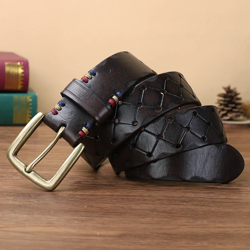 Thick Retro Cowhide Genuine Leather Belt Strap Copper Pin Buckle Casual ...