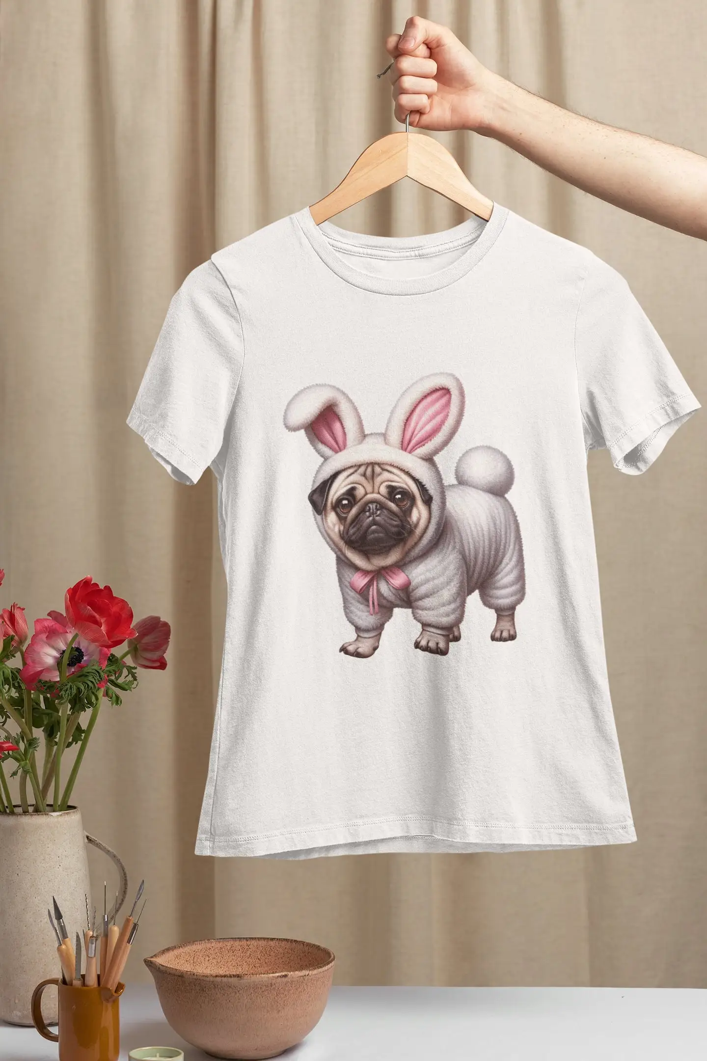 Adorable-Pug-Bunny-Costume-Print-T-Shirt-Cotton-for-Dog-Animal-Lovers ...