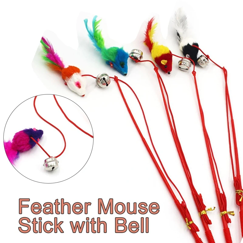 Cat Funny Feather Mouse Stick with Bell Playing Dangle Faux Mice Tease ...
