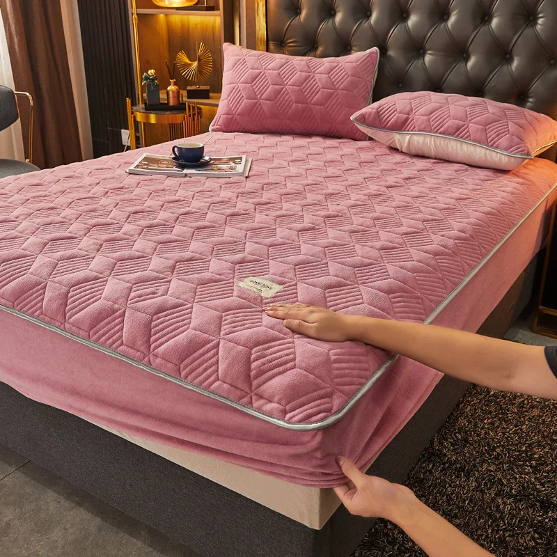 Thickened-Solid-Color-Fitted-Sheet-Thick-Mattres-Cover-Quilted-Bed ...