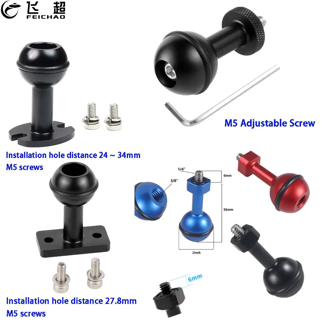 1inch-25mm-0-79inch-20mm-Ball-Head-Adapter-1-4-M5-Adjustable-Screw ...