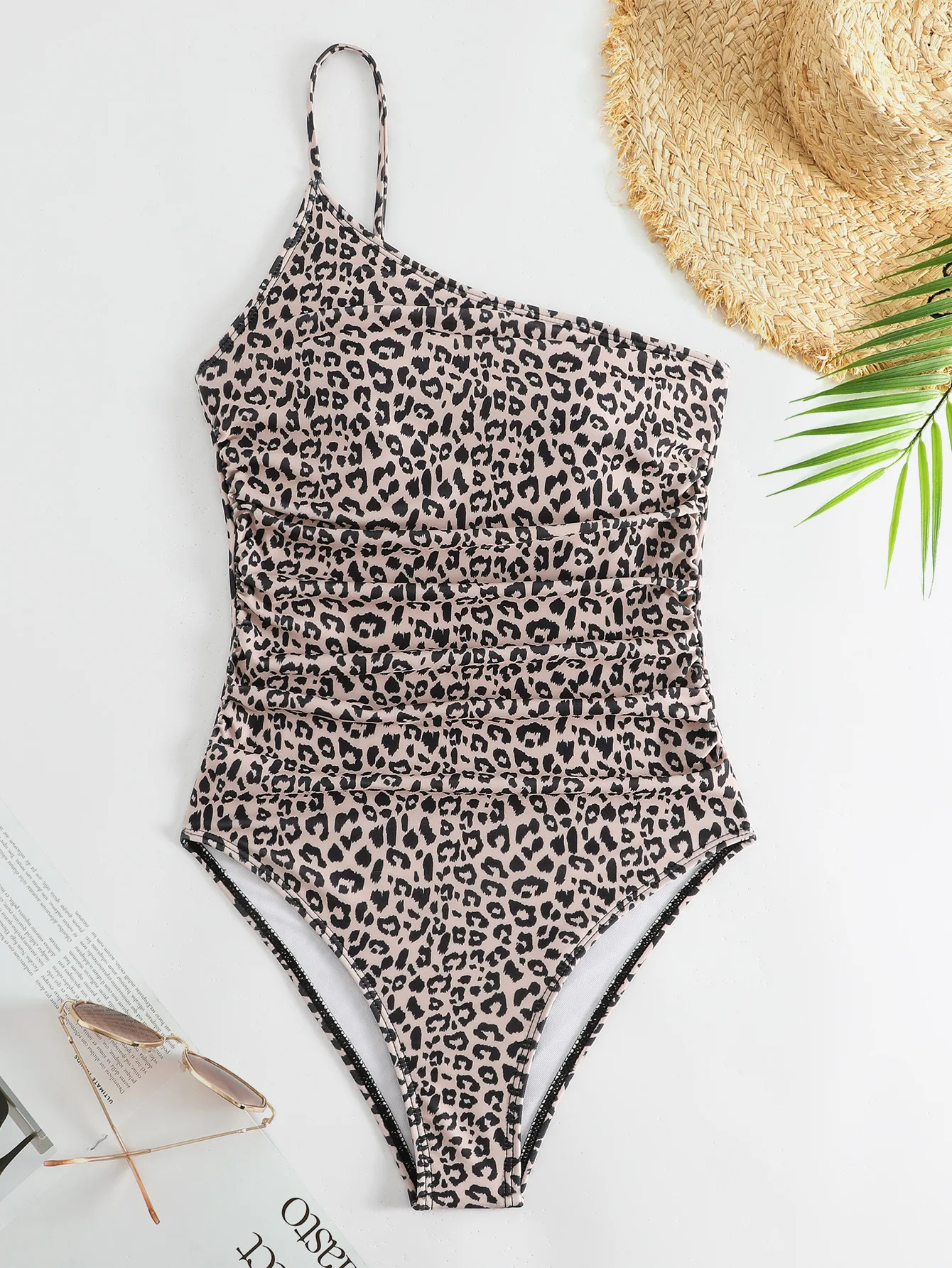Sexy One Shoulder Swimsuit 2024 New Black Leopard Print Pleate Tummy ...