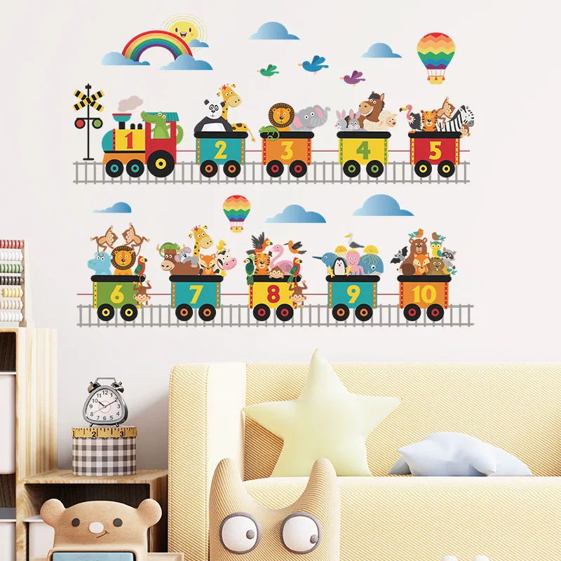 Cartoon Rainbow Sun Clouds Animal Train Railway Sticker Children's Room Kindergarten Wall ...
