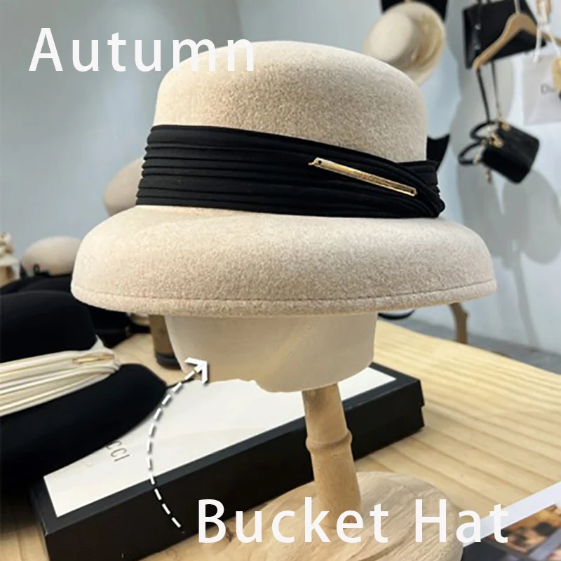 New Women Woolen Dress Hat Feast Hat British Style Retro Bucket Hat ...