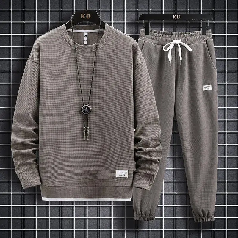 Men-s-Waffle-Suit-Sets-2-Two-Pieces-Casual-Long-Sleeved-Sweatshirt-and ...