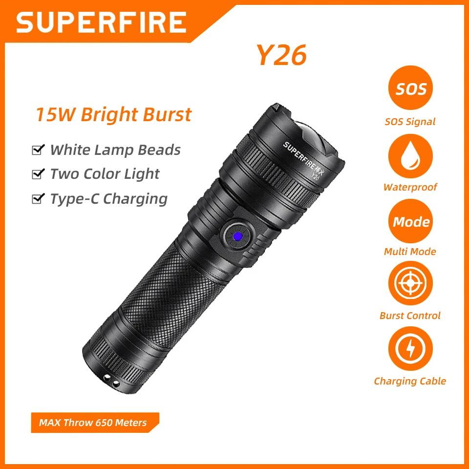 SUPERFIRE-Y26-Y26-S-15W-Flashlight-Powerful-Yellow-White-Light-Zoomable-EDC-Torch-600M-Long ...