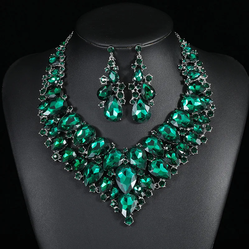Luxury Exquisite Water Drop Green Crystal Jewelry Sets For Women ...