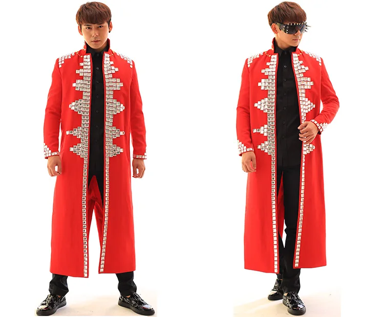 Handmade Men's Red Long Jacket Costumes Nightclub Bar Male Singer ...