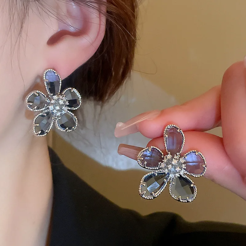 MENGJIQIAO pendientes de tuerca de flor de cristal azul para mujer y ...