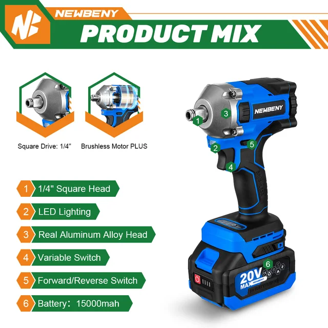1000N.m Brushless Electric Impact Wrench 1/2 inch 3 Gears Cordless ...