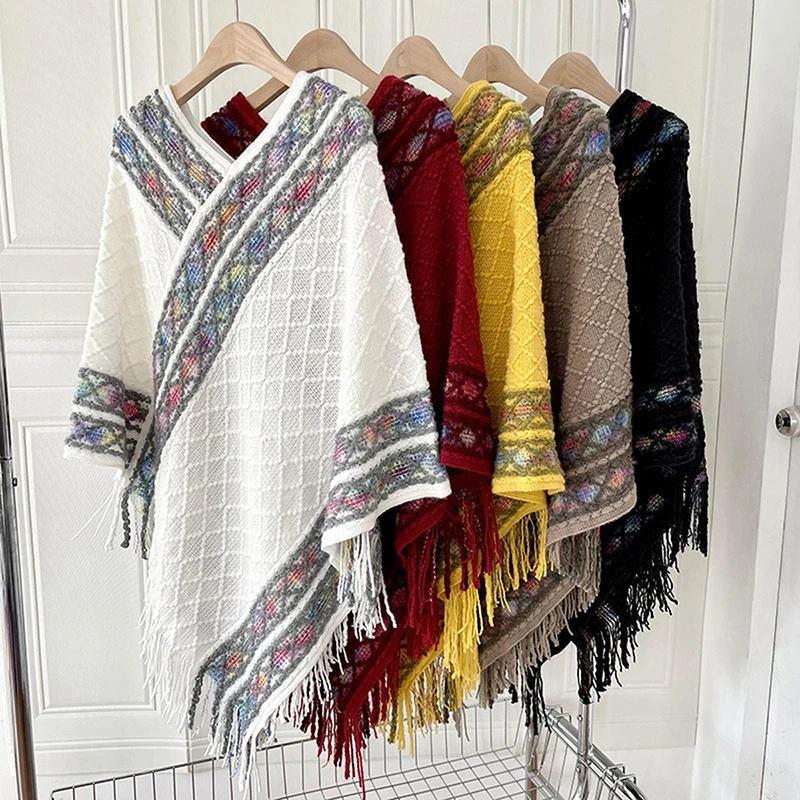 Women's Retro Pullover Tassel Shawl Retro Ethnic Style Cape Knitted ...