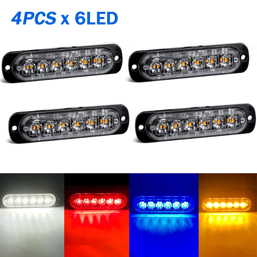 4pcs 6 Led Strobe Side Warning Lights 12V-24V Strobe Grille Flashing ...